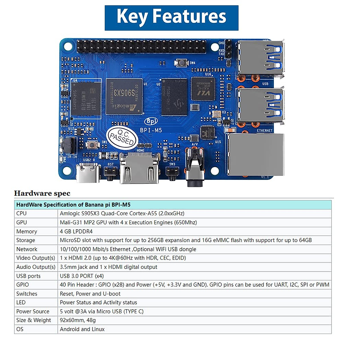 GeeekPi Banana Pi BPI-M5 Amlogic S905X3 Single Board Computer with Banana Pi m5 Case,Power Supply,Cooling Fan and Heatsinks for AIOT Support Android Debian Raspbian Armbian