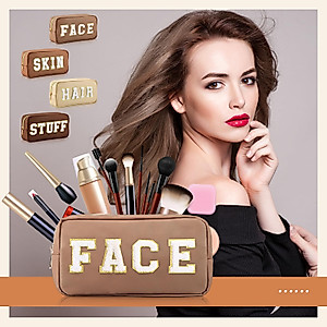 Cunno 4 Pcs Preppy Makeup Bags Chenille Letter Stuff Bag Nylon Cosmetic Pouch Cases with Zipper for Women Travel Toiletry(Brown Set,Vivid)