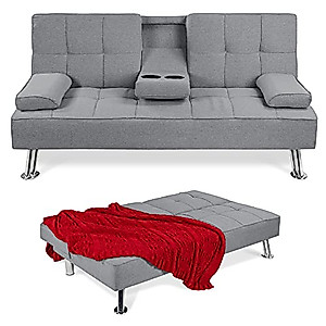 Best Choice Products Linen Upholstered Modern Convertible Folding Futon Sofa Bed for Compact Living Space, Apartment, Dorm, Bonus Room w/Removable Armrests, Metal Legs, 2 Cupholders - Gray