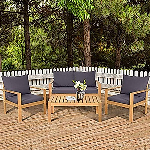 HAPPYGRILL 4-Piece Patio Furniture Set Outdoor Conversation Sofa Table Set with Cushions, Acacia Wood Chairs & Coffee Table Set for Garden Backyard Poolside