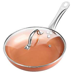 SHINEURI 9.5 inch Copper Fry Pan with Lid, Nonstick Omelet Pans - Perfect for Stir fry, Sauce & Baking, Compatible for Induction, Gas, Electric & Stovetops, Perfect for 2-3 Person Meal
