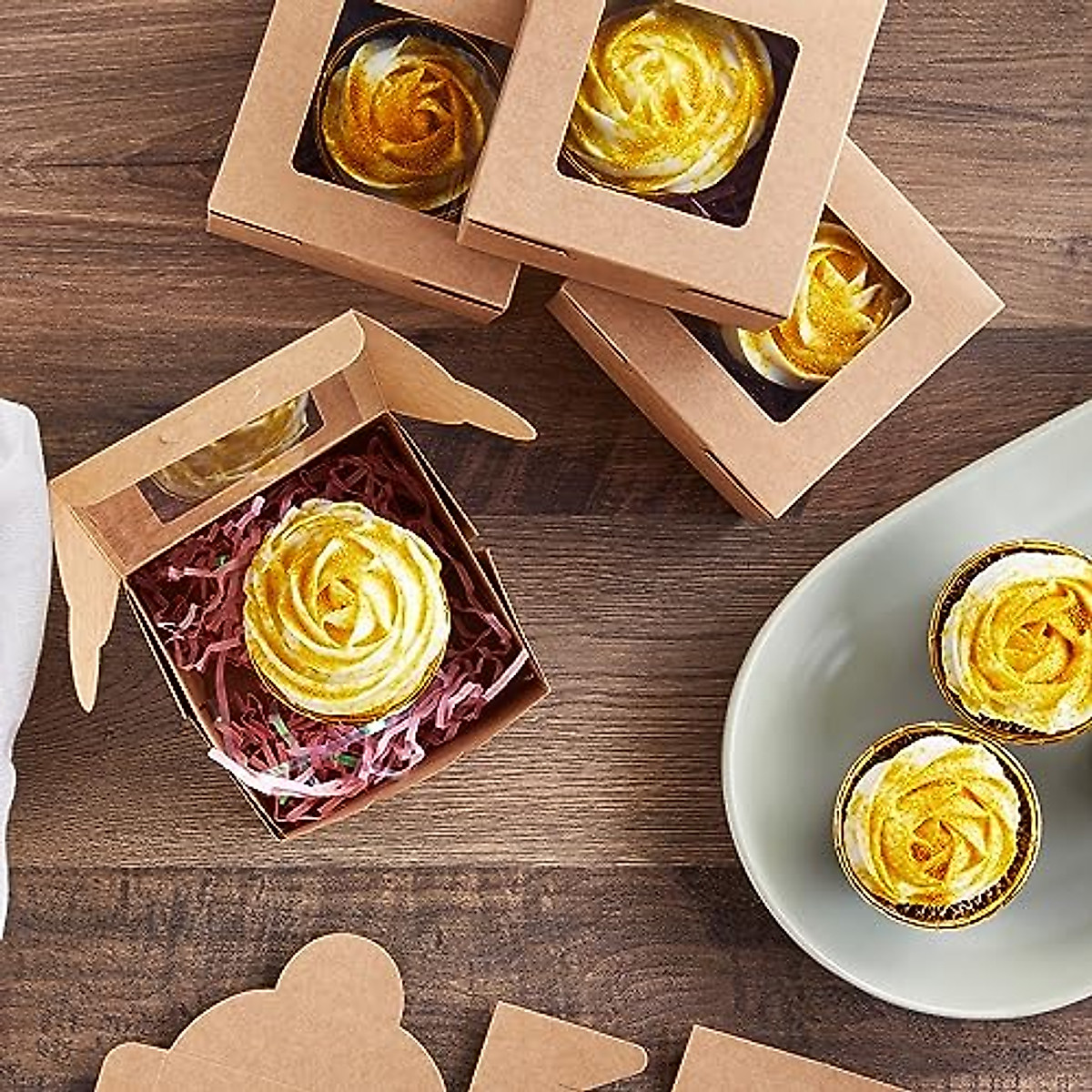 50 Pack 4x4x2 Dessert Boxes with Window, Bulk Bakery Containers for Cookies, Mini Pies, Cupcakes (Kraft Paper)