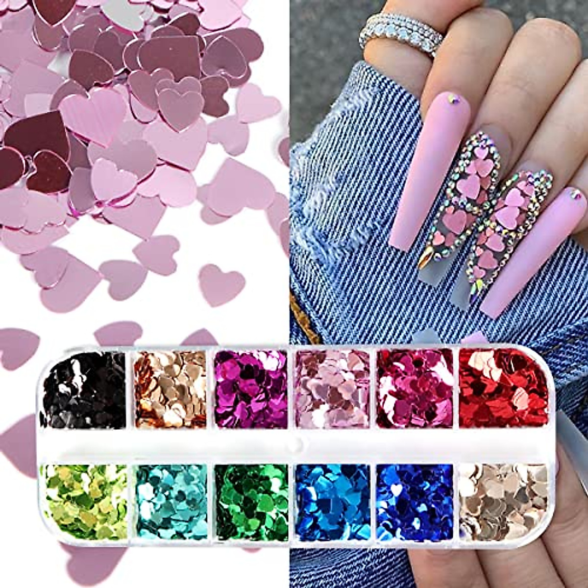 12 Grids 3D Heart Nail Glitter Sequins Holographic Laser Heart Nail Art Decals Love Nail Stickers Valentines Day Nail Glitter Flakes Red Silver Rose Gold Heart Glitter Design Nail Art Decoration