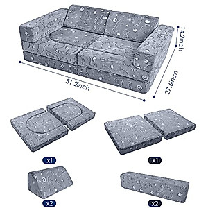 MeMoreCool 10-Piece Kids Couch Sofa, Modular Toddler Couch Glow Sofa for Playroom Bedroom, Fold Out Couch Play Couch for Kid Girl Boy, Kids Convertible Sofa Sectional Foam Playset Couch Set, Dino