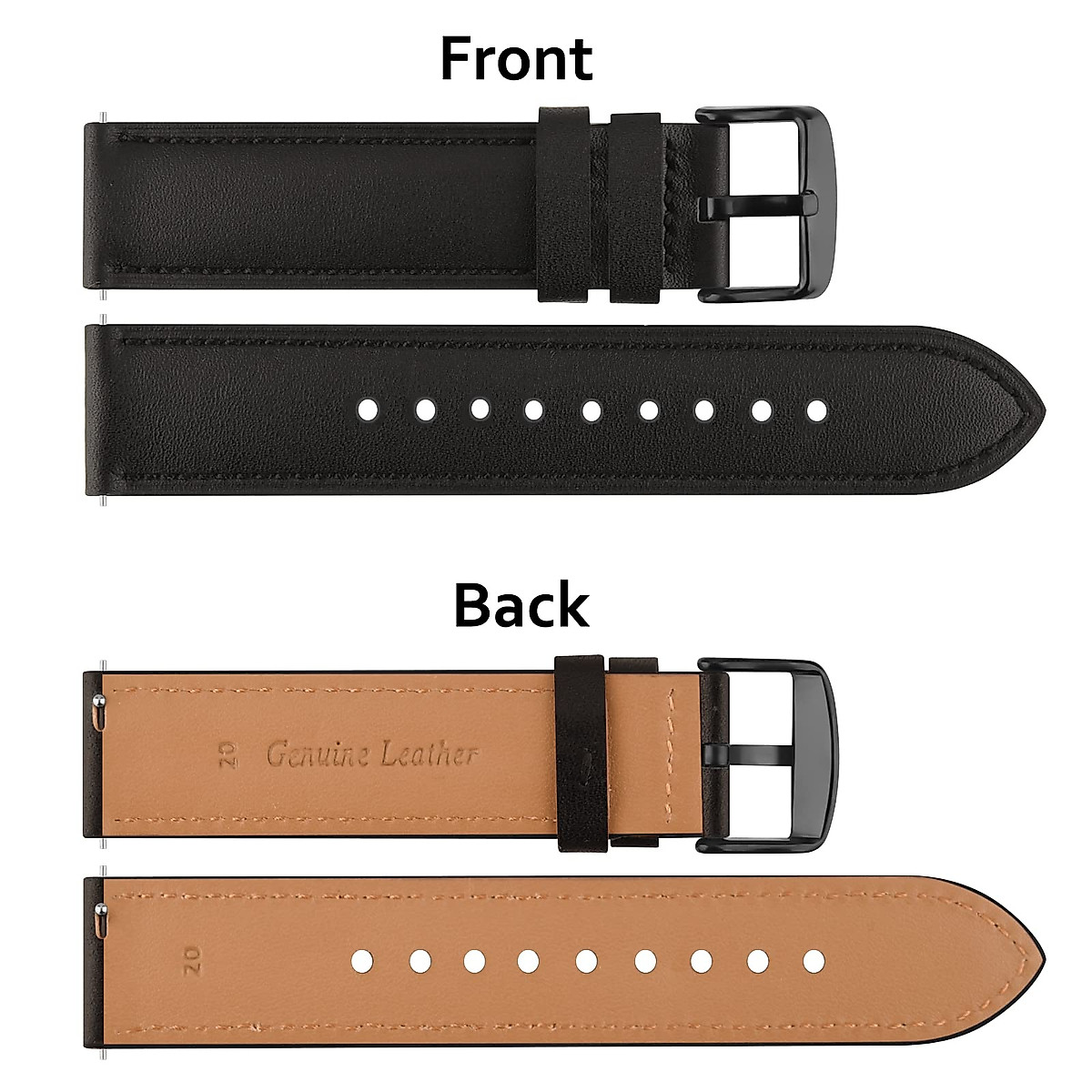 Vancle Quick Release Genuine Leather Watch Band 20mm 22mm Leather Watch Strap, 22mm Black