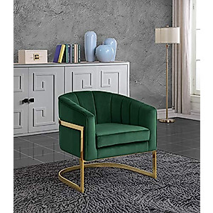 Meridian Furniture Carter Collection Modern | Contemporary Upholstered Velvet Barrel Accent Chair with Gold Stainless Base, Green, 29" W x 27.5" D x 31" H
