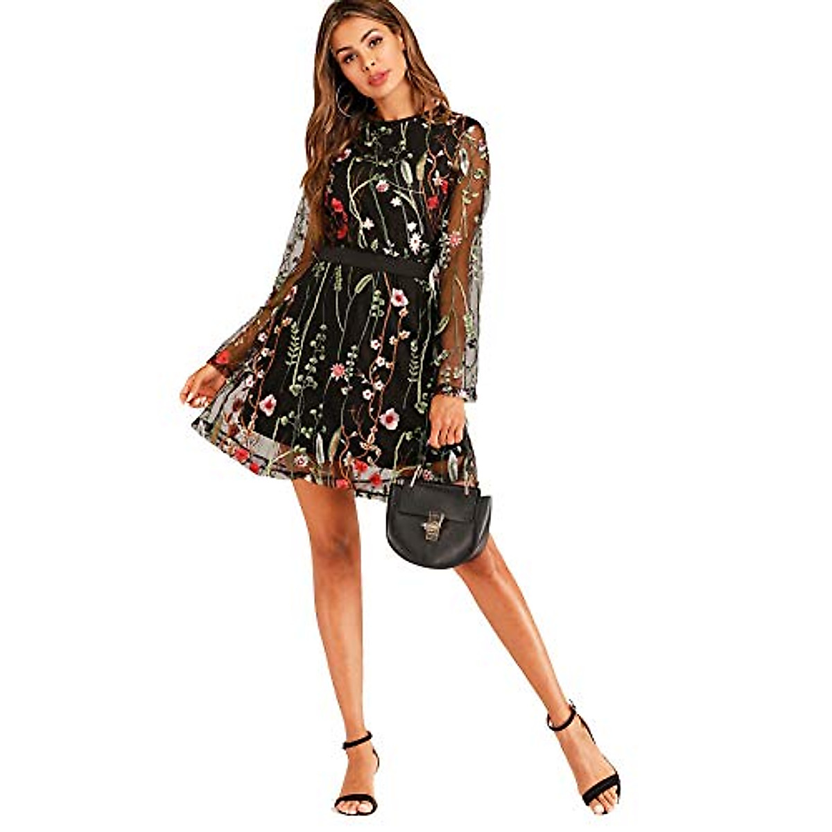 Milumia Women's Floral Embroidery Mesh Round Neck Tunic Party Dress Black Small
