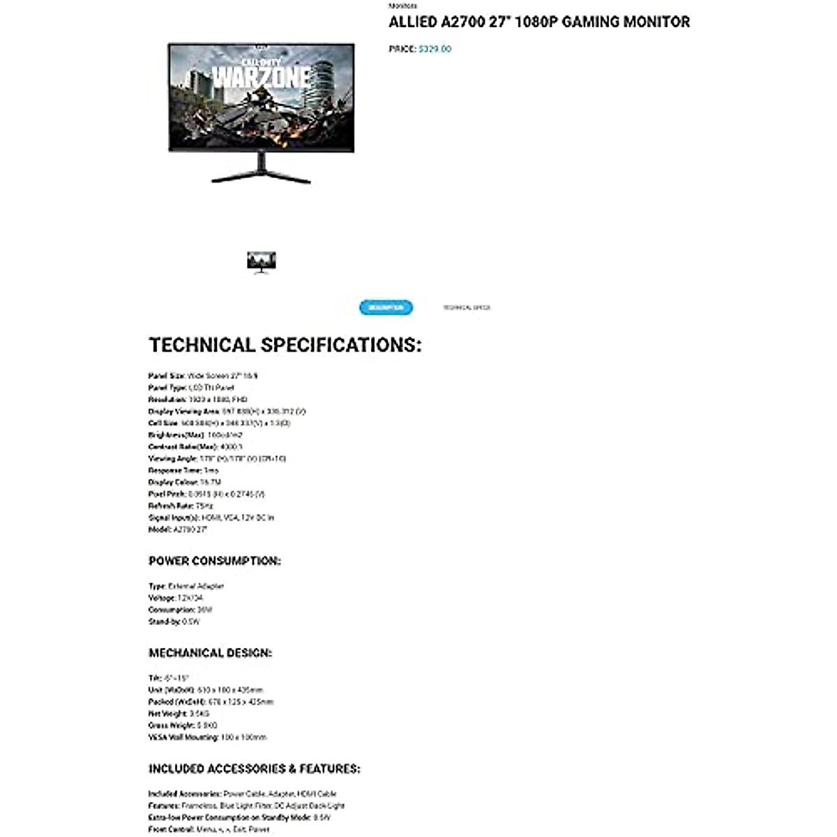 Allied Expanse B2700 27" Gaming Monitor - Ultra Thin Frame, 1ms Reponse Time, 75Hz, 1080P, VESA Mount Ready