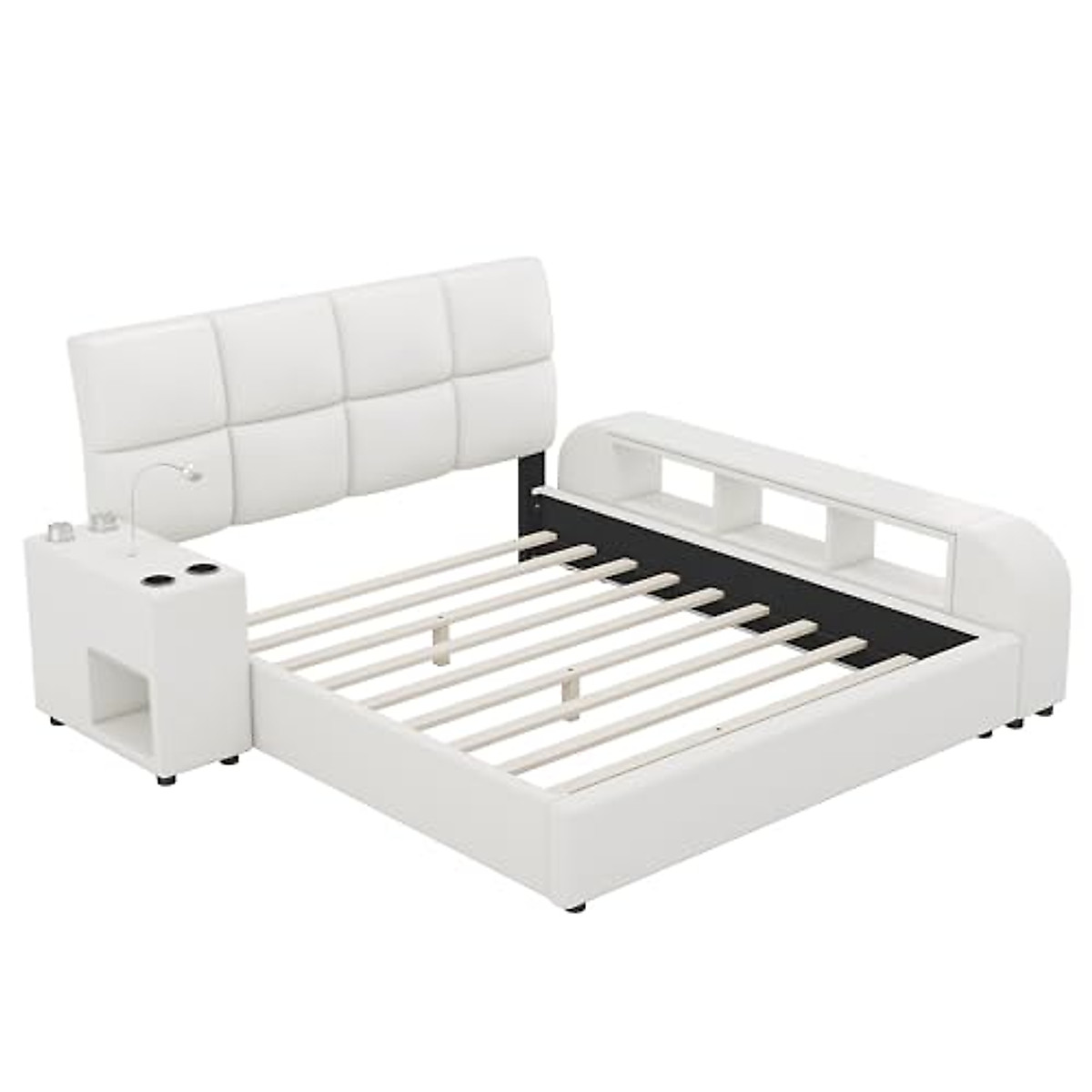EOVTK Queen Size Upholstered Platform Bed with Built-in Multimedia Nightstand and Storage Shelves, Faux Leather Platform Bed Frame with 2 Cup Holders, Light and Charging Station, White