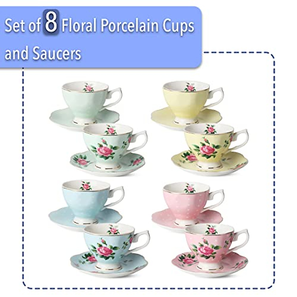 BTaT- Floral Tea Cups and Saucers, Set of 8 (8 oz) Multi-Color with Gold Trim and Gift Box, Coffee Cups, Floral Tea Cup Set, British Tea Cups, Porcelain Tea Set, Latte Cups
