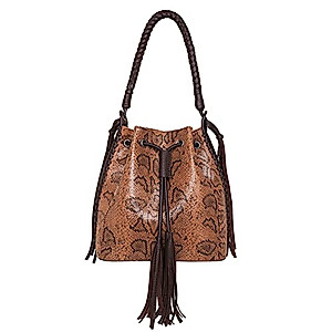 Montana West Wrangler Hobo Handbags for Women PU Leather Woven Shoulder Bags Ladies Fashion Snake Printing Bucket Bag Large Drawstring Tote Purse with Tassel, Brown