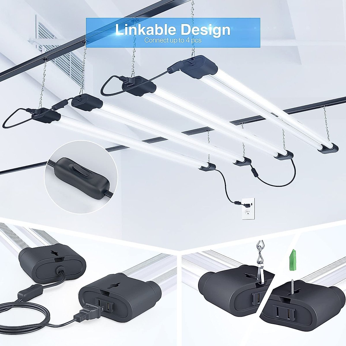 Ensenior 6 Pack Linkable Led Shop Light 4ft for Garage, 4400 High Lumens, 36W Equivalent 280W, 5000K Daylight, 48 Inch Utility Shop led Lights, Surface or Hanging Mount Fixtures, Black, ETL Certified