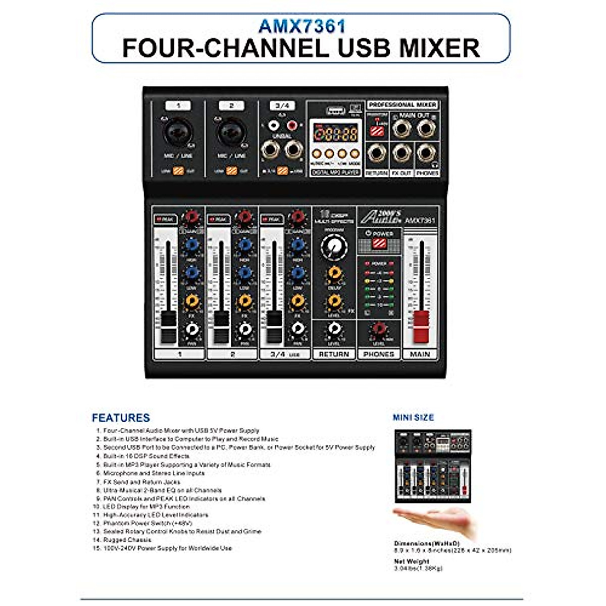 Audio2000'S AMX7361 Four-Channel Audio Mixer with USB 5V Power Supply, USB Interface, and Sound Effect