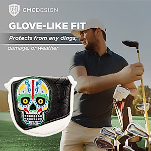 CMC Design Golf Mallet Head Cover - Custom Sugar Skull with Web Embroidered Golf Driver - Premium Faux Leather, Beautiful Design Elements & Soft Protective Lining – Great Fit for Any Mallet & Golfer