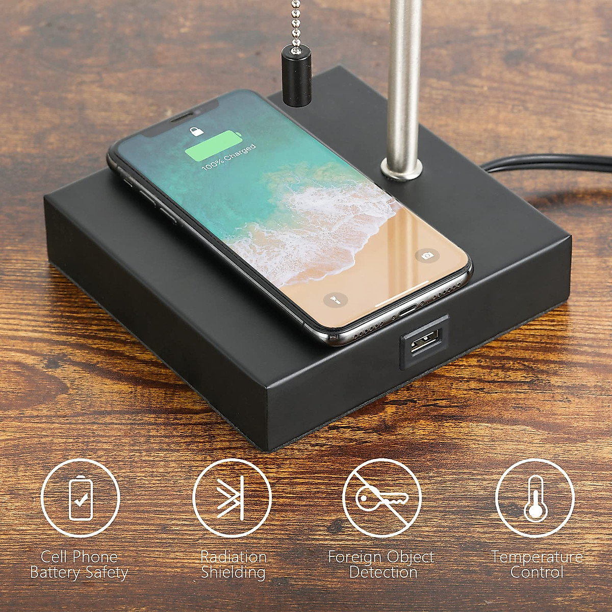 JS NOVA JUNS Table Lamp with USB Port, Wireless Charging Bedside Lamp with Flaxen Fabric Shade, Modern Nightstand Lamp Perfect for Bedroom, Living Room, Study Room, Office