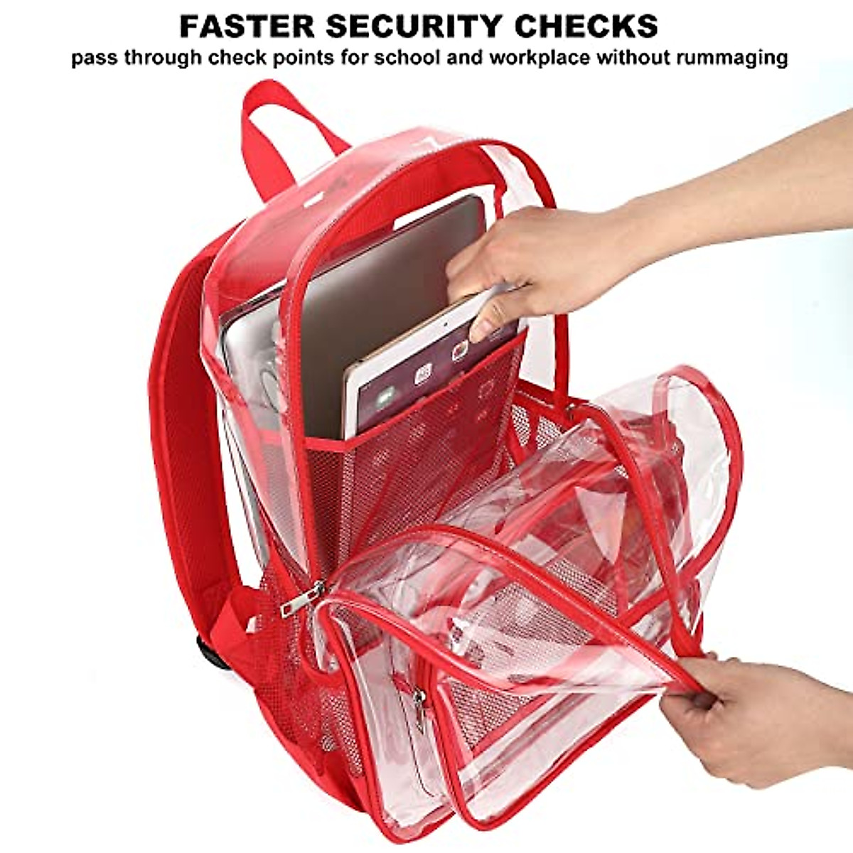 Dezcrab Clear Backpack School Backpack Bookbag for Girls Boys Women Men, Heavy Duty See Through Transparent Backpacks (Red)