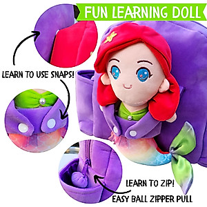 Q&M Novelties Mermaid Backpack & Bottle -11.5” Roomy Preschool Kids Backpack, Toddler Mermaid Toys, Stuffed Plush Mermaid Doll Toy, Mermaid Gifts for Girls Age 3, 4, 5, 6 (Mermaid Plush - Purple)