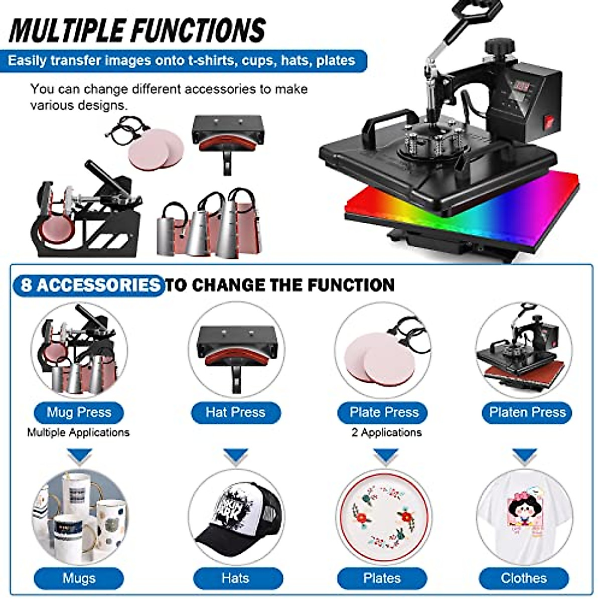 TOPDEEP 8 in 1 Heat Press Machine 12x15 inch, Combo Swing Away T Shirt Pressing Machine, Sublimation Heat Press Transfer Machine for T-Shirt Hat Cap Mug Plate