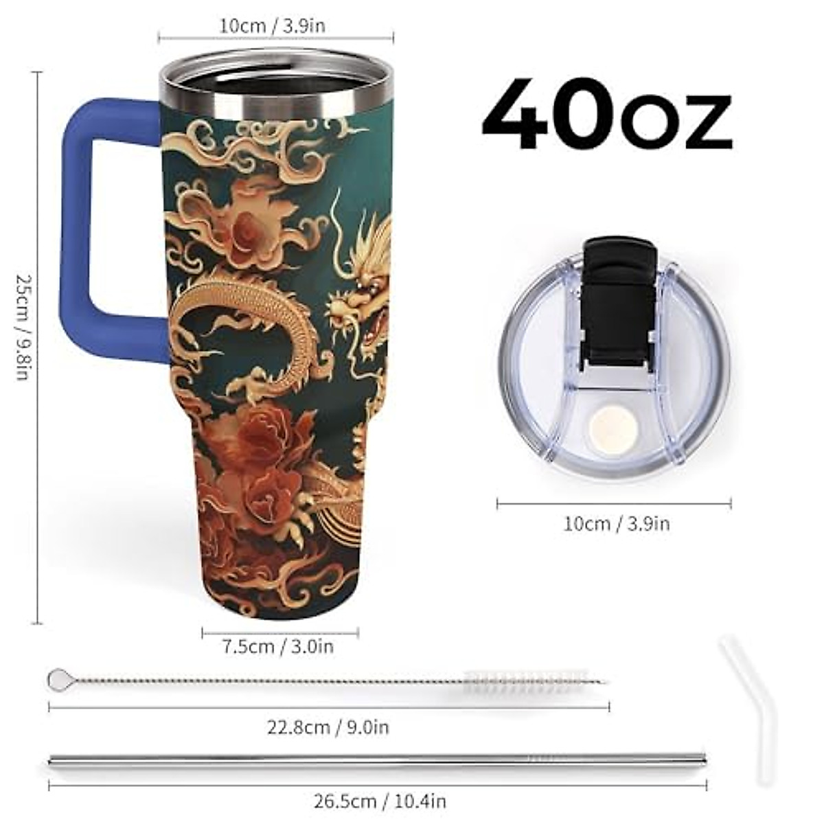 40 Oz Vacuum Tumbler with Deep Blue Handle Leakproof Insulated Tumbler Dragon Chinese Background Stainless Steel Travel Mug with Lid And Straw Coffee Cup Cute Water Bottles Cup Holder Friendly