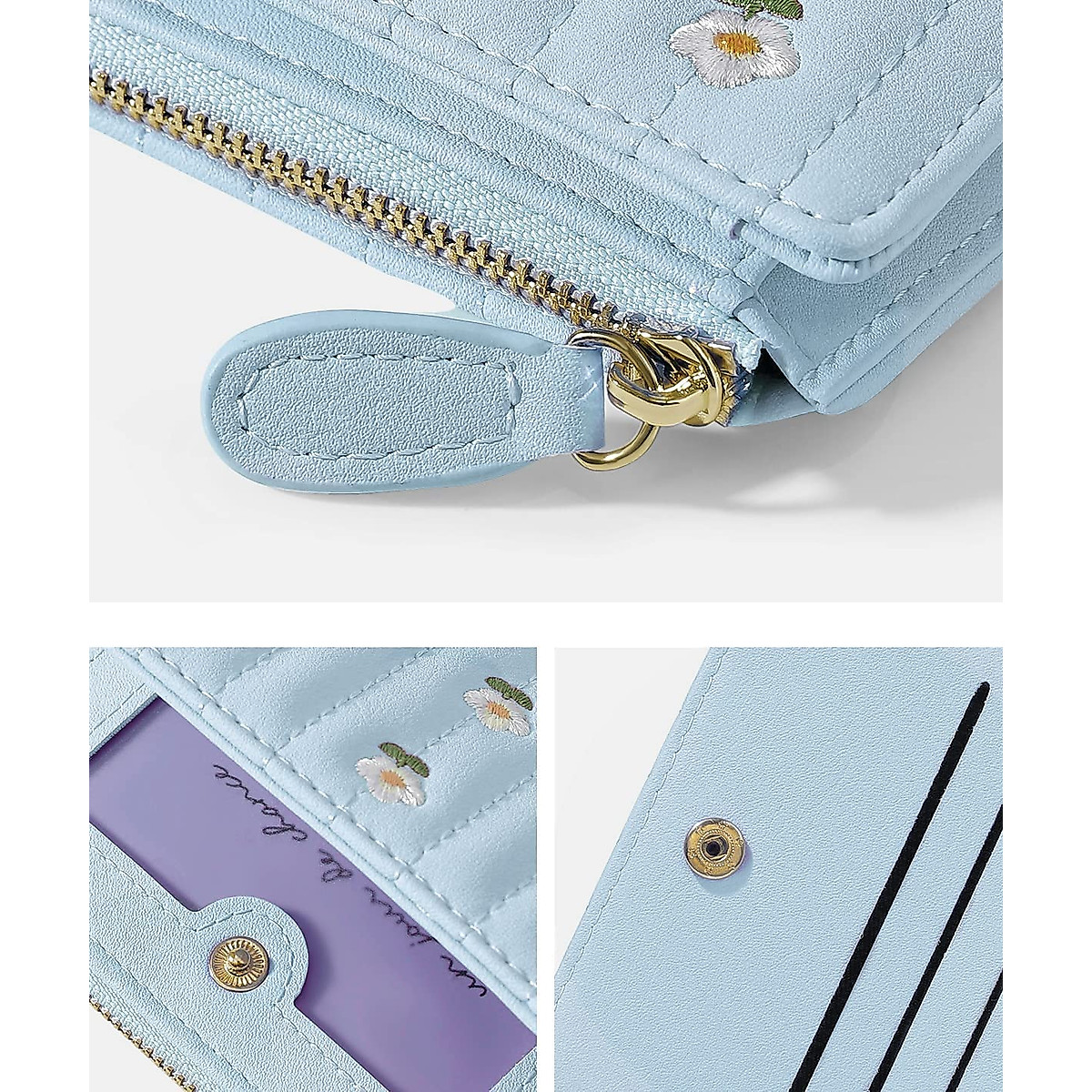 kuifang Girls Cute flowers Print Wallet, Small Tri-folded Aesthetic Wallet, PU Leather Purse Cash Pocket Card Holder ID Window Purse for Women(Blue)