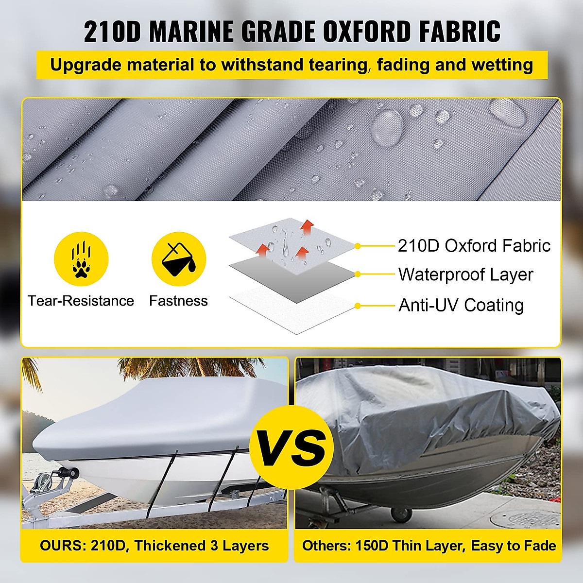 VEVOR Waterproof Boat Cover, 14'-16' Trailerable Boat Cover, Beam Width up to 90" v Hull Cover Heavy Duty 210D Marine Grade Polyester Mooring Cover for Fits V-Hull Boat with 5 Tightening Straps