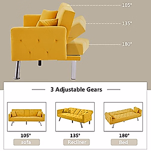 mikibama 76 Inch Futon Sofa Bed with Cup Holders, Linen Convertible Folding Futon Couch with Adjustable Backrest and Throw Pillows for Living Room, Tufted Sleeper Sofa with Metal Legs (Yellow)