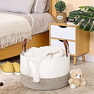 KAKAMAY Large Cotton Rope Blanket Basket (20"x13"),Woven Baby Laundry Hamper，Blanket Basket for Nursery, Laundry, Living Room, Pillows, Toys with Handles （White/Beige）
