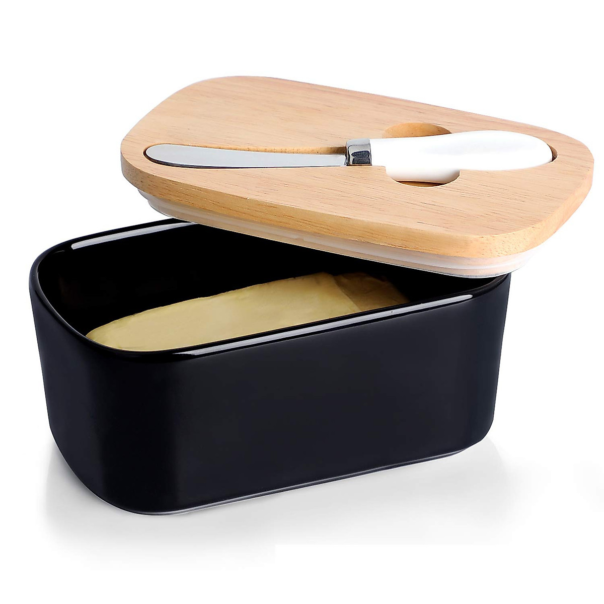 Large Ceramic Butter Dish for Countertop - Butter Keeper with High-Quality Silicone Sealing, Natural Wooden Lid and Stainless Steel Knife, Kitchen Decor and Accessories for Kitchen Gifts (Black)