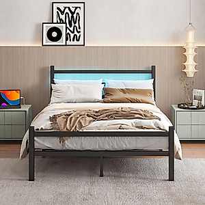 Maliacife Full Bed Frame with Headboard and Footboard,Metal Platform Double Bed Frame with Charging Station and LED, Steel Slats Mattress Foundation, No Box Spring Needed,Noise Free, Black