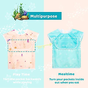 Little Dimsum 2 Pcs Baby Weaning Bibs Short Sleeves Feeding Bibs Waterproof Baby Bibs 6-48 Months Toddler Bibs Apron Smock with Top Pocket Bag for Babies(octopus&flower)