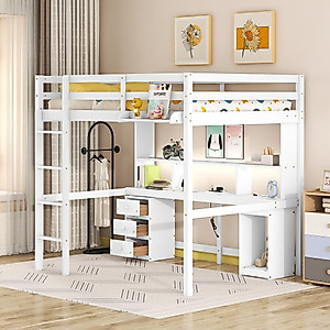 DEYOBED Full Size Loft Bed, Wooden Bed Frame with Desk, Shelves, Cabinet, 3 Drawers, Bedside Tray, LED Lights, and USB Charging Station for Kids, Teens, Adults - White