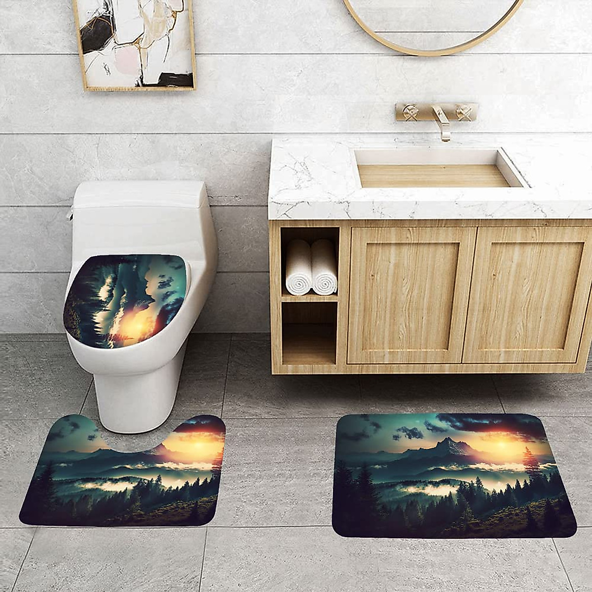 Chieraf Mountain Forest Tree Sunset Rugs Mats Sets Toilet Cover Cushion 3 Piece, Kitchen Sink Mat Machine Washable Non-Slip Soft Indoor Bath Mat