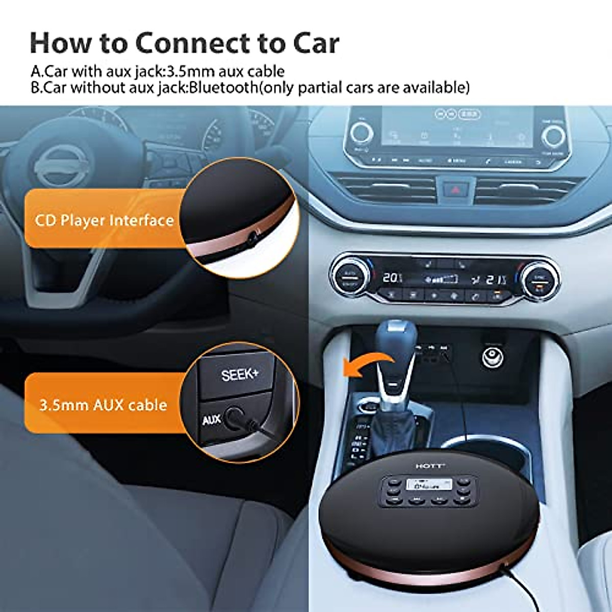 CD Player Portable with Bluetooth, Rechargeable Portable CD Player for Car and Home, Walkman CD Player with Headphones and AUX Cable for Travel, Discman CD Player with Anti-Skip Shockproof, Black