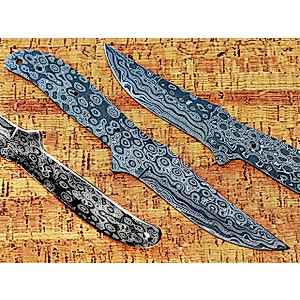 9 inches long Rain drop pattern Damascus steel Trailing point blank blade, knife making supplies, 4.5 inches long straight back scale with 3 pin and a lace holes, 4 inches cutting edge