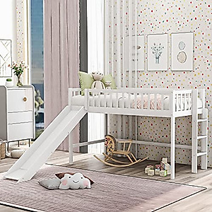 Harper & Bright Designs Twin Size Low Loft Bed Frame with Ladder and Slide for Kids,White