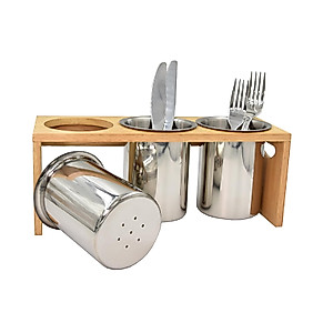 Flatware Caddy Stainless Steel Cutlery Holder with Wood Base