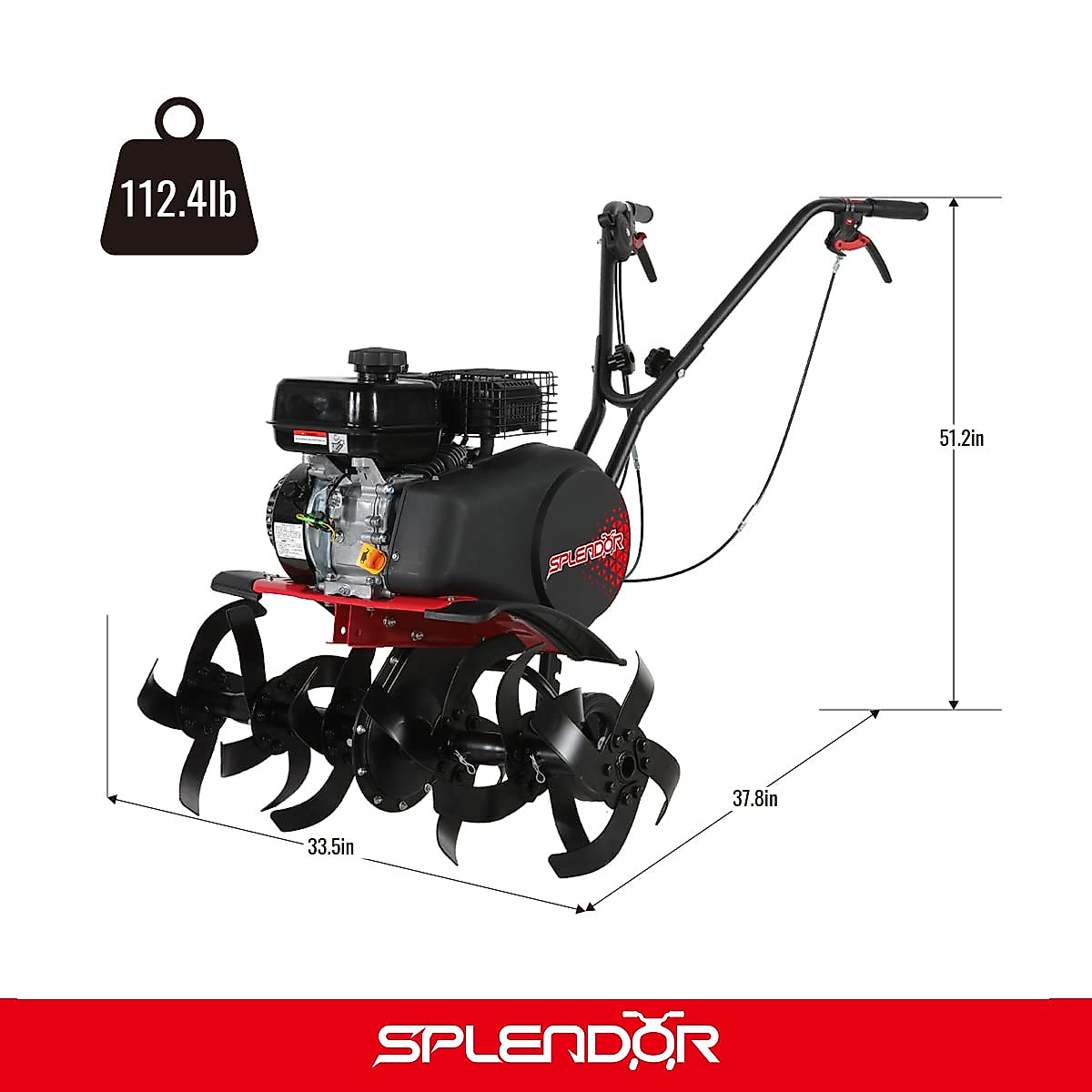 SPLENDOR Gas Powered Tiller 4 Cycle Engine 212CC Working Width Adjustable 13in-22in-33.5in