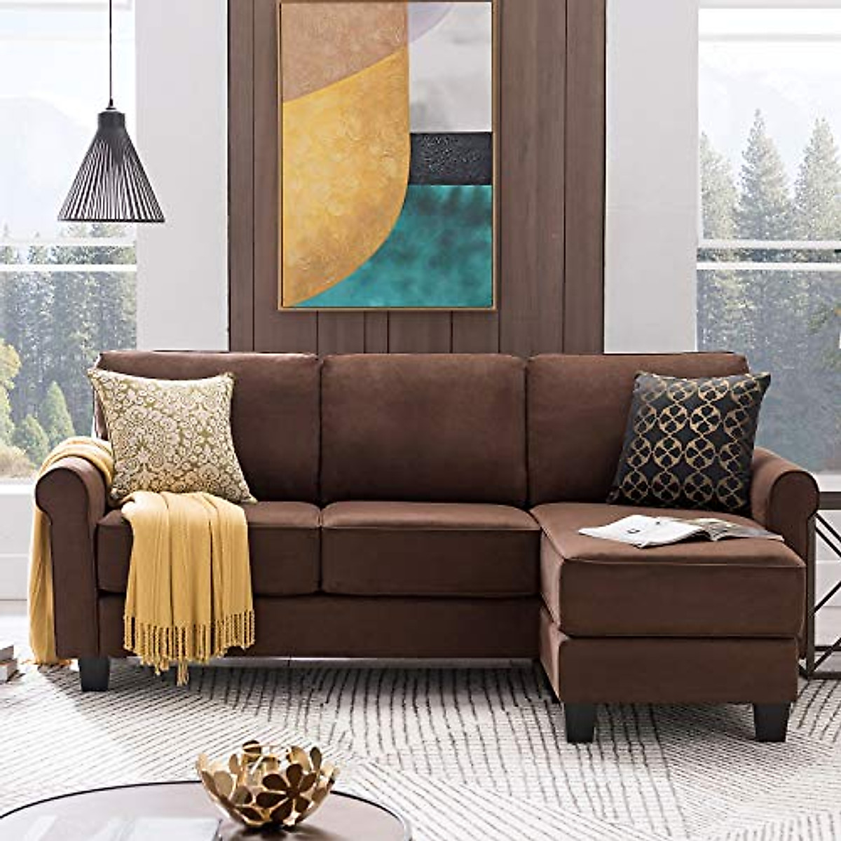 Nolany Reversible Sectional Sofa Couch for Small Apartment L Shape Sofa Couch 3-seat Sectional Corner Couch (Mahogany Brown)