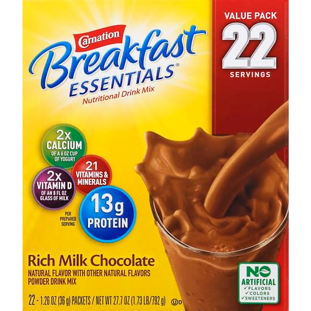 Carnation Breakfast Essentials Powder Drink Mix, Rich Milk Chocolate, 1.26 Ounce (Pack of 22), (Packaging May Vary)