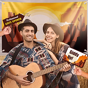 Western Party Decorations - Includes Photography Backdrop & 10 Photo Booth Props with Sticks - Wild West Cowboy Party Banner Birthday Supplies