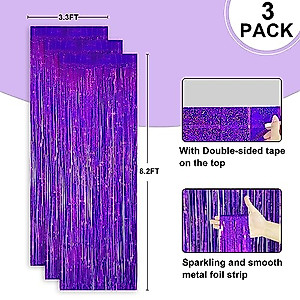 LIKAJON 3 Pack 3.3x8.2 Feet Purple Backdrop for Purple Party Decorations, Purple Metallic Tinsel Foil Fringe Curtains, Purple Fringe Backdrop for Graduation Baby Shower Gender Reveal Disco Party