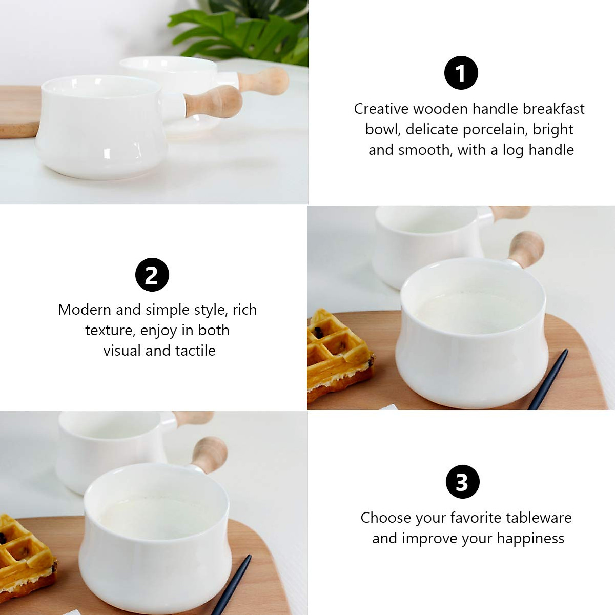 Cabilock Enamel Milk Pot Noodle Bowl Non-Stick Mini Saucepan Butter Warmer with Wooden Handle Small Cookware for Home kitchen Supplies Dessert Cereal Salad Fruit (White About 380ML)