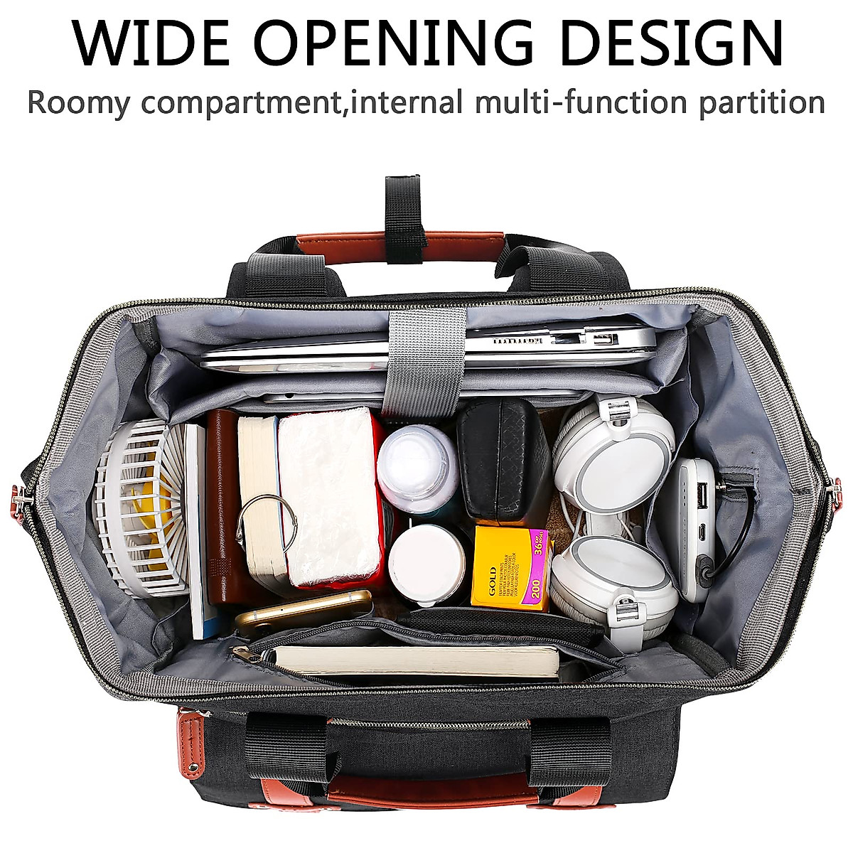 FALANKO Laptop Backpack for Women, Work Doctor Teacher Nurse Wide Open College School Student 15.6 Inch Laptops Bookbag Purse with USB Charging Port, Travel RFID Computer Bag for Men Women Girls Black