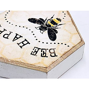 Tstarer Rustic Bee Wood Hexagon Box Sign for Wall & Tabletop - Bee-Happy -6.4 x 5.5 in(BEE HAPPY)