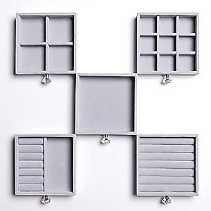 Frebeauty Acrylic Jewelry Box Clear Earring Organizer Storage Boxes,Necklace Hanging with 5 Removable Velvet Drawers Large Jewelry Display Case for Stud Rings Bracelets for Gift,(Grey)