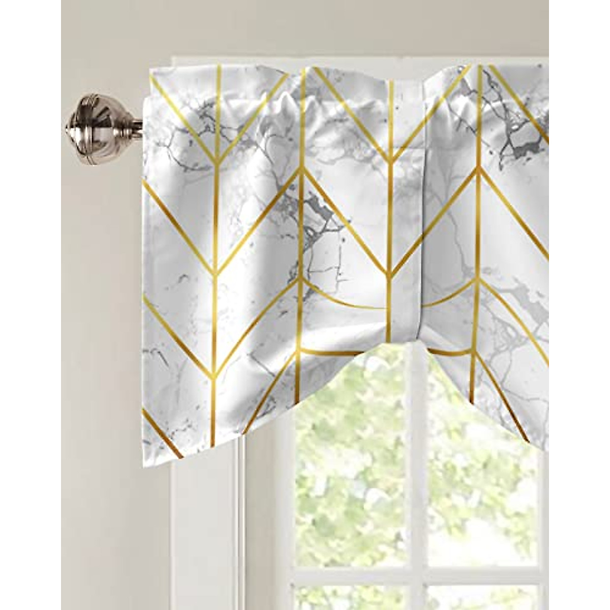 Tie Up Curtain Valance for Kitchen,White Marble Gold Stripes Geometric Window Valances Adjustable Tie-up Shade Valance,Abstract Herringbone Chevron Zigzag Rod Pocket Short Curtains Bathroom 42x18in