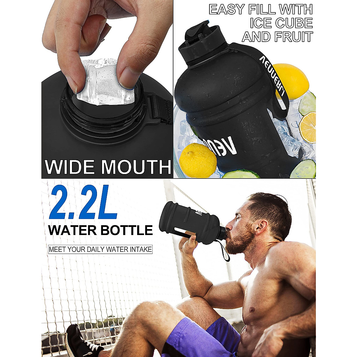 VENNERLI Half Gallon Water Bottle 2.2L Large Sports Water Bottle with Handle 74oz BPA-free Reusable Plastic Water Jugs Leakproof Hydro Bottle for Gym Yoga Travel Camping Cycling Outdoor Sports