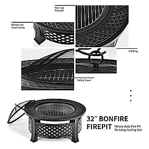 Giantex 3 in 1 Fire Pit, 32" Outdoor Wood Burning Fire Pit, Multifunctional Round Firepit Stove, Metal Firebowl with Cover, Portable Fire Pit for Outside Heating, Bonfire, Picnic, Grill
