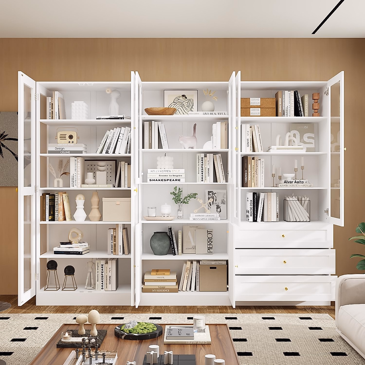 Homsee Tall Bookcase Bookshelf with Glass Doors & Countertop, Wooden Storage Cabinet with 3 Drawers, Display Cabinet for Living Room, Home Office, White (94.5”L x 15.7”W x 70.9”H)