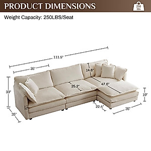 Wrofly Modular Sectional Sofa, 111.5" Comfy Chenille Deep Seat 3 Seater Cloud Couch, Oversized L Shaped Sofa with Convertible Ottoman, Modern Sleeper Sofa Set for Living Room Apartment Office, Beige